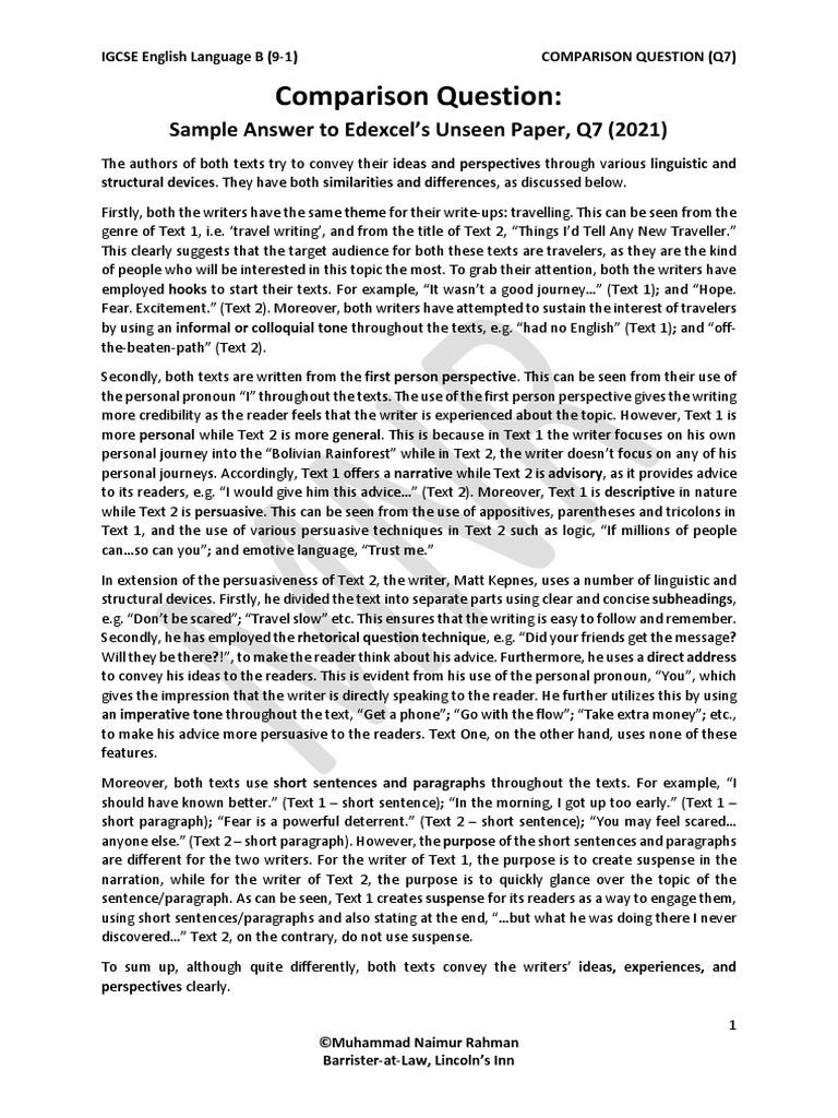 Comparison Question:: Sample Answer To Edexcel's Unseen Paper, Q7 (2021 ...