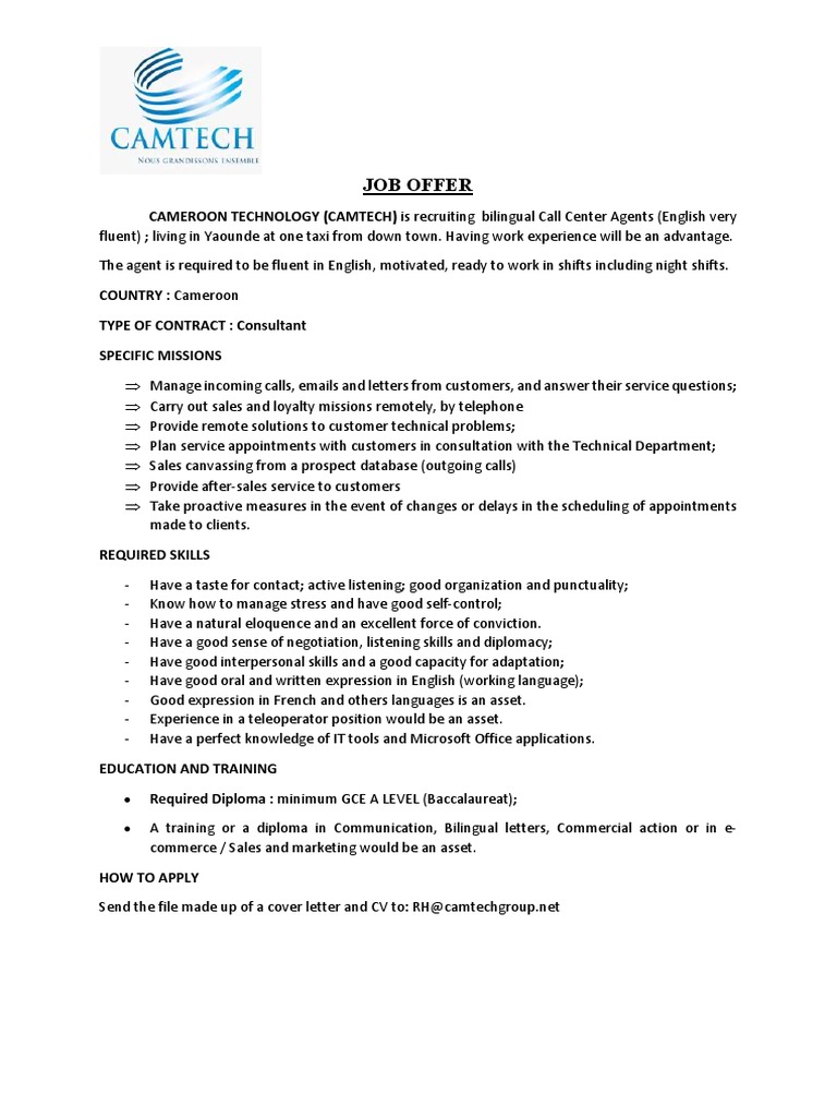 Bilingual Call Center Agent Job in Yaoundé | PDF