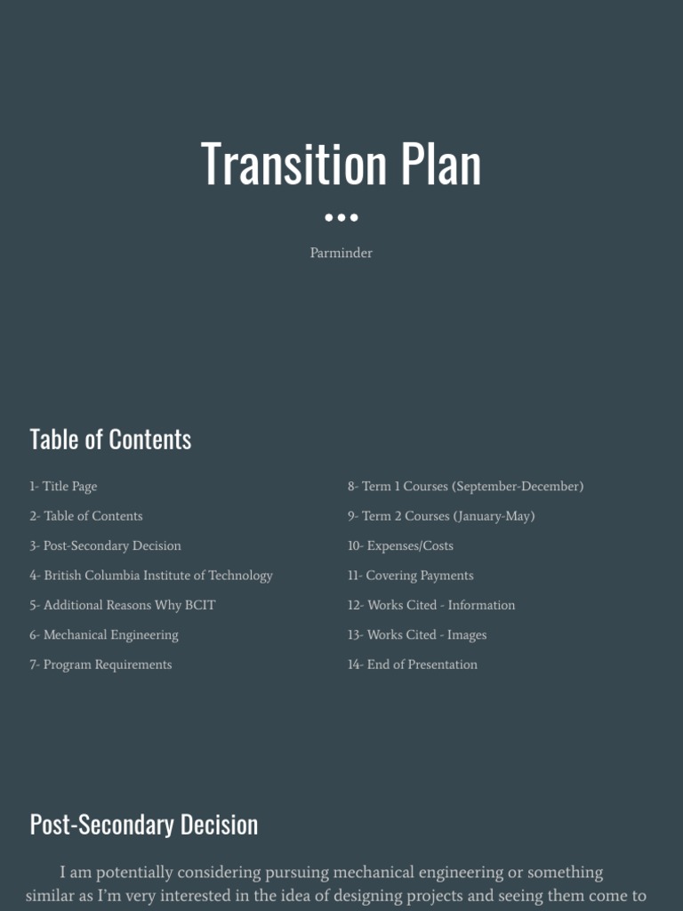 Transition Plan | PDF | Engineering | Mechanical Engineering