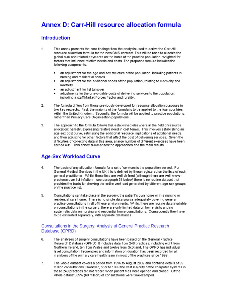 Annex D: Carr-Hill Resource Allocation Formula | PDF | General ...