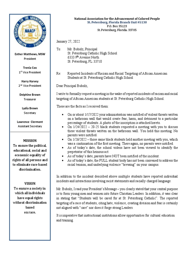 NAACP Letter To St. Petersburg Catholic High School | PDF ...