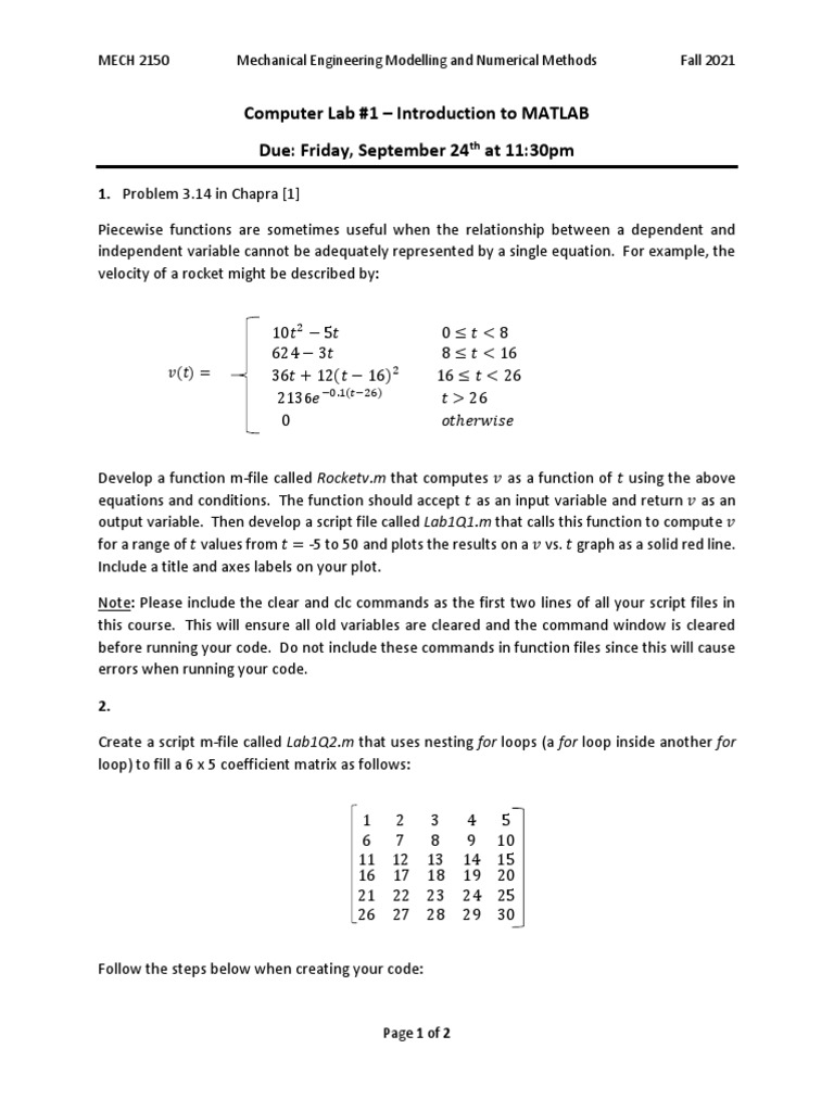 Computer Lab #1 - Introduction To MATLAB Due: Friday, September 24 at ...