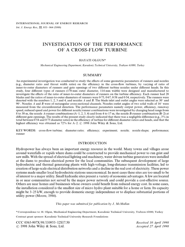 Investigation of The Performance of A Cross-Flow Turbine: Int. J. Energy Res., 22, 953 - 964 ...