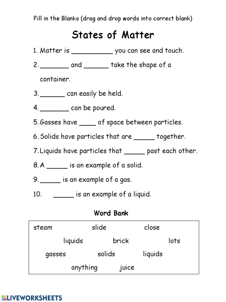 States of Matter: Fill in The Blanks (Drag and Drop Words Into Correct ...