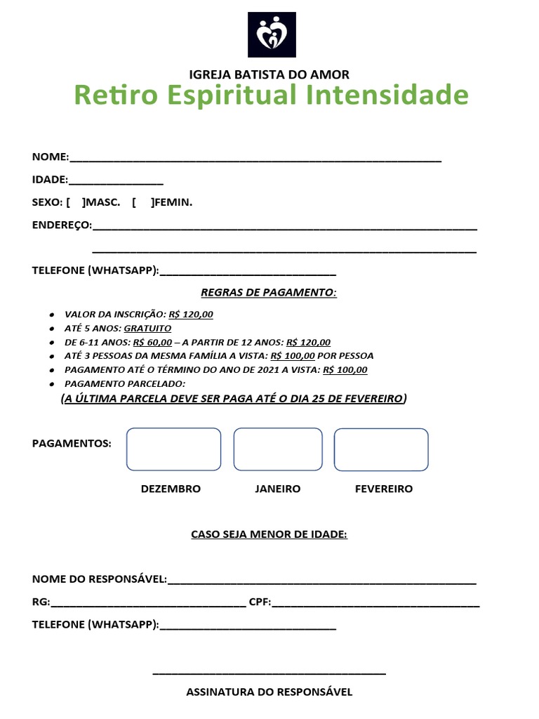 Registro para Retiro Espiritual na Igreja Batista do Amor | PDF