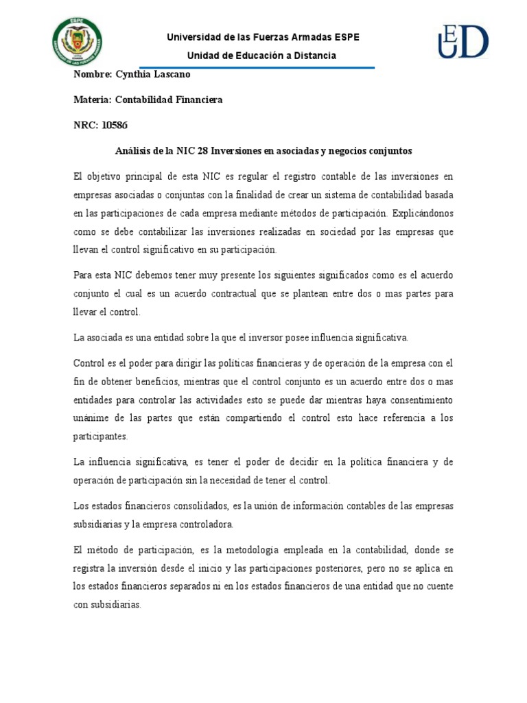Análisis de La NIC 28 Inversiones en Asociadas y Negocios Conjuntos ...