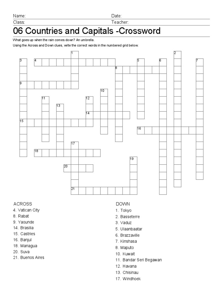 06 Countries and Capitals - Crossword | PDF
