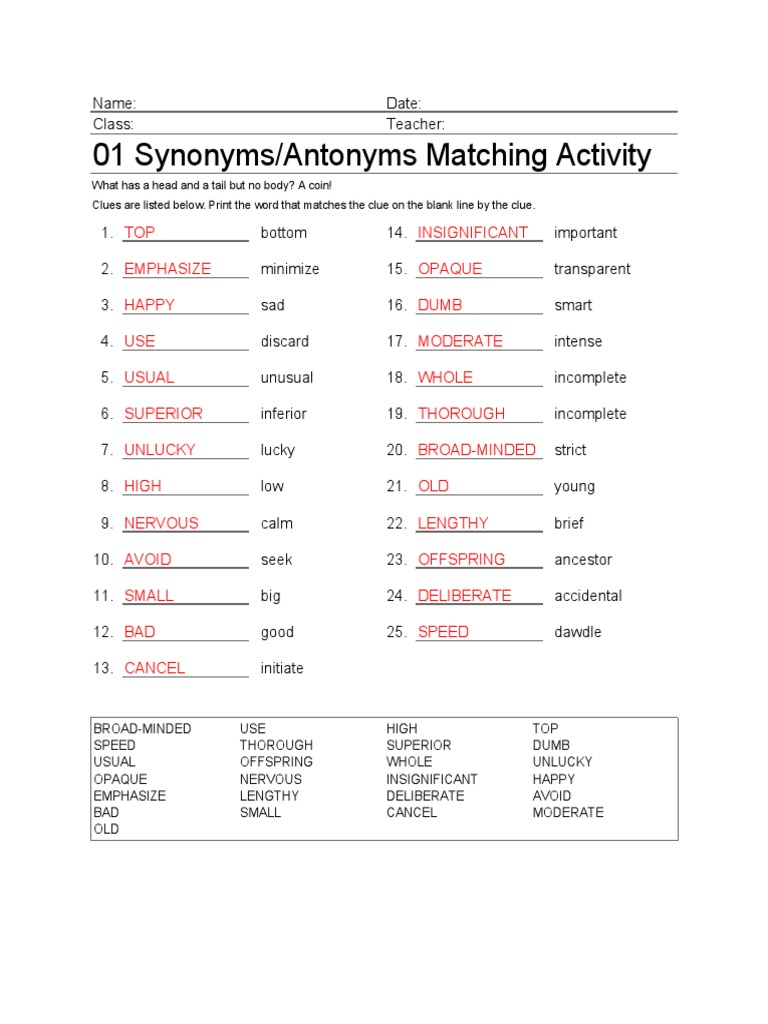 01 Synonyms-Antonyms Matching Activity - Key | PDF