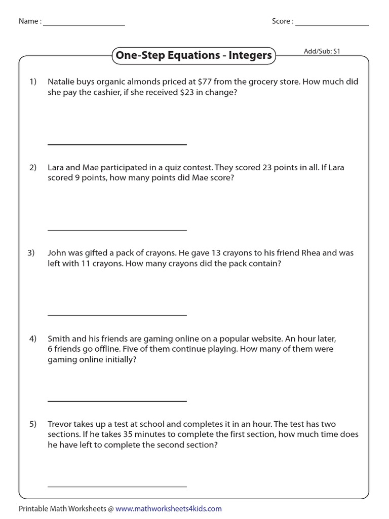 One-Step Equations - Integers: Score: Name | PDF