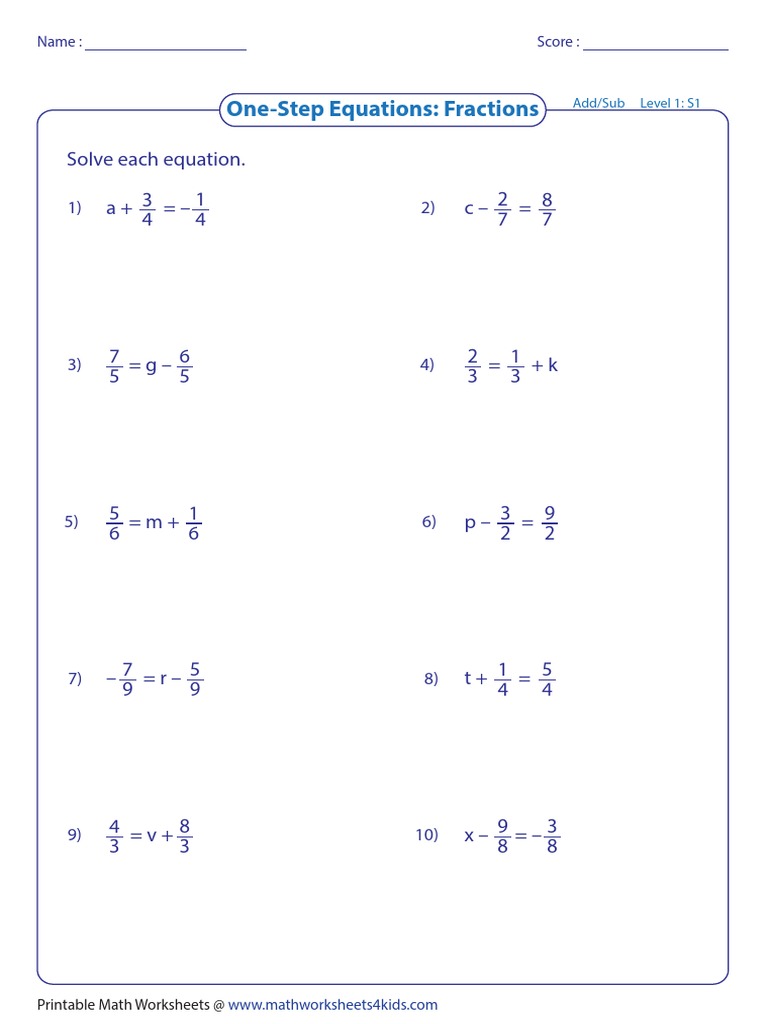 One-Step Fraction Equations Worksheet | PDF | Mathematics | Equations