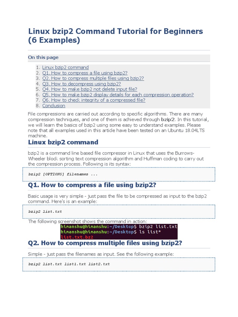 Linux Bzip2 Command Tutorial For Beginners Pdf Data Compression Command Line Interface