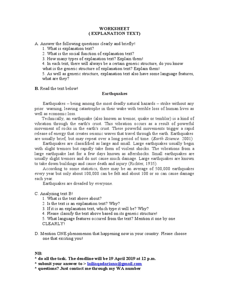 Understanding Explanation Text Worksheet | PDF