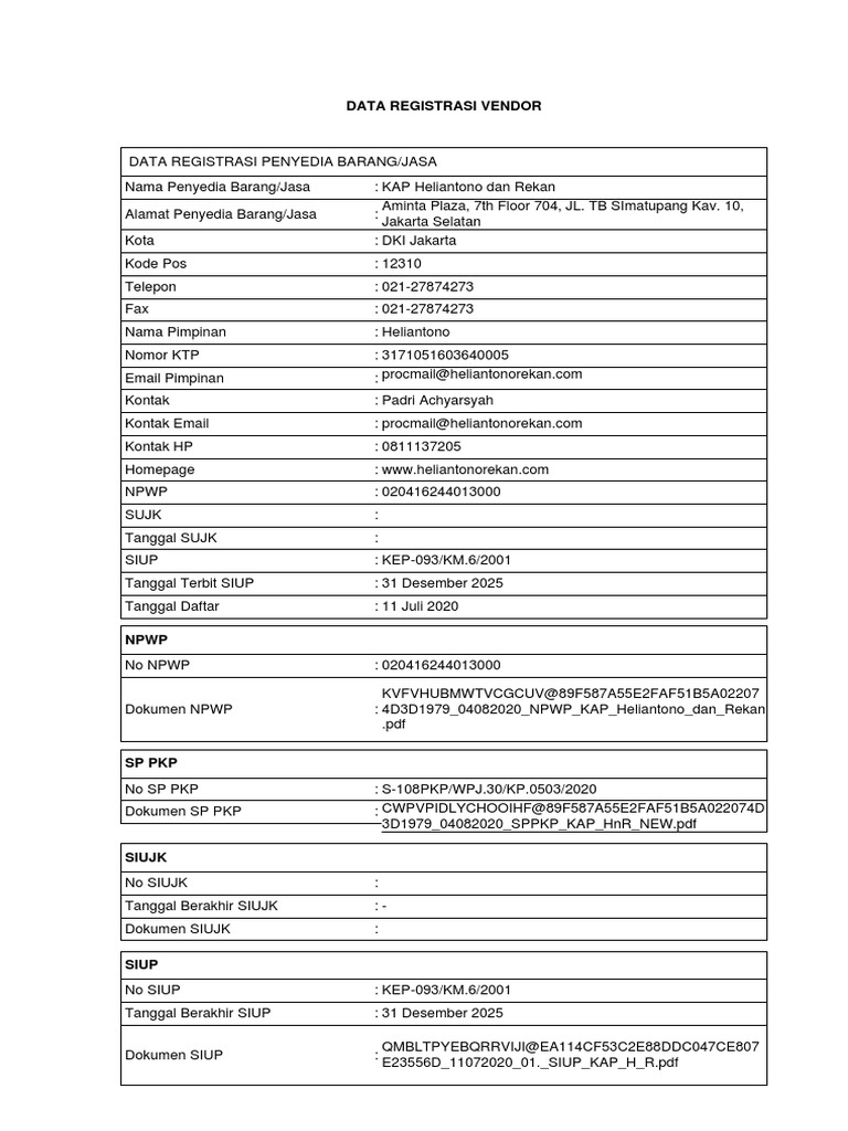 Data Registrasi Vendor Jakpro | PDF | Bisnis | Hukum