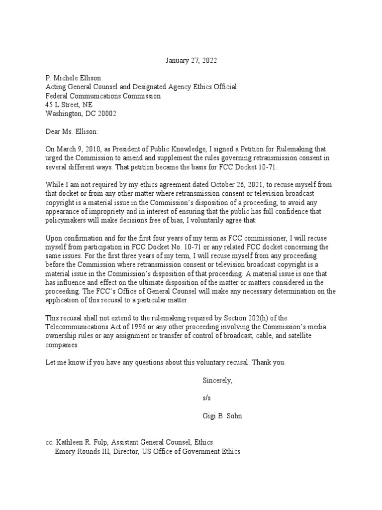 Gigi Sohn Recusal Letter | PDF