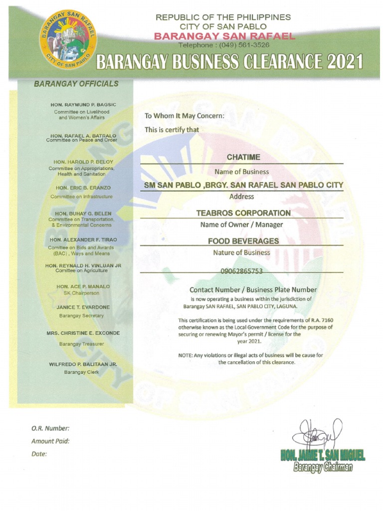 14 SM San Pablo, Laguna 2021 Barangay Business Clearance | PDF