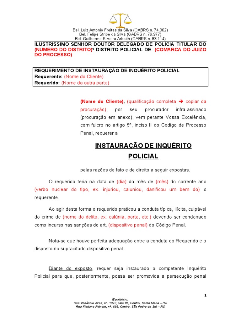 Requerimento Instauração de Inquérito Policial | PDF | Crimes | Crime e ...