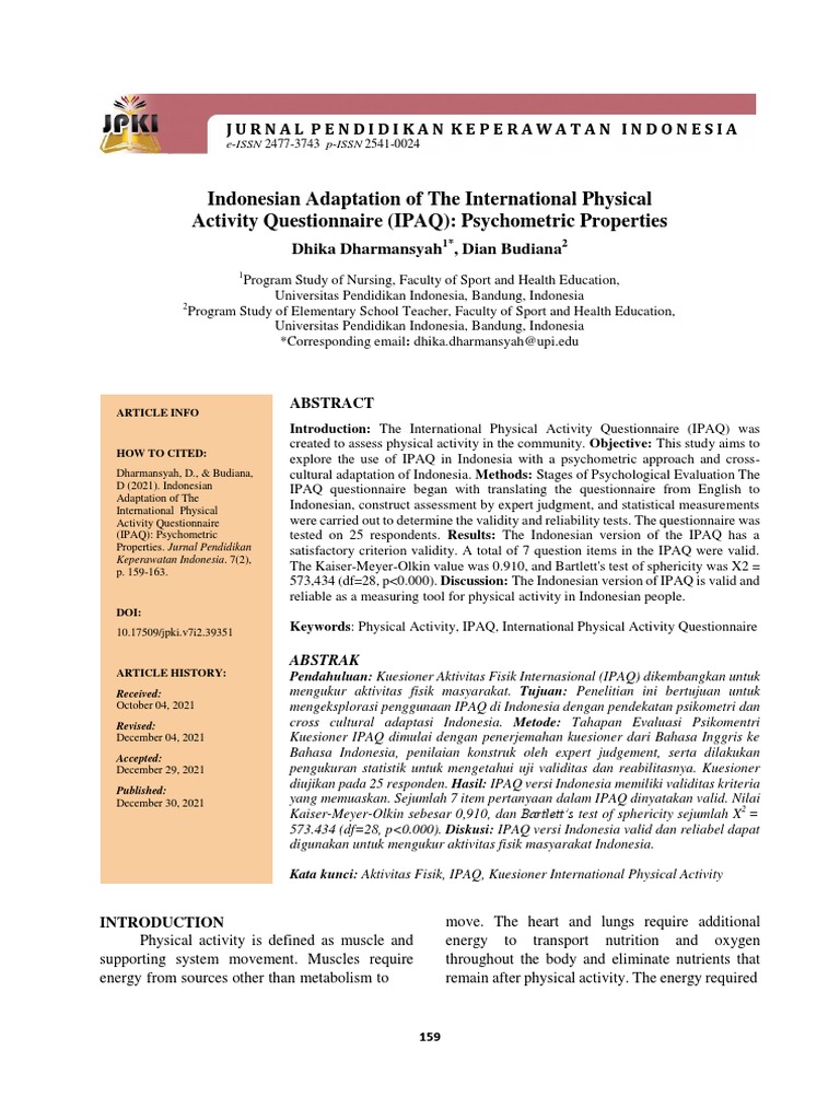 Indonesian Adaptation of The International Physical Activity Questionnaire (IPAQ) : Psychometric ...