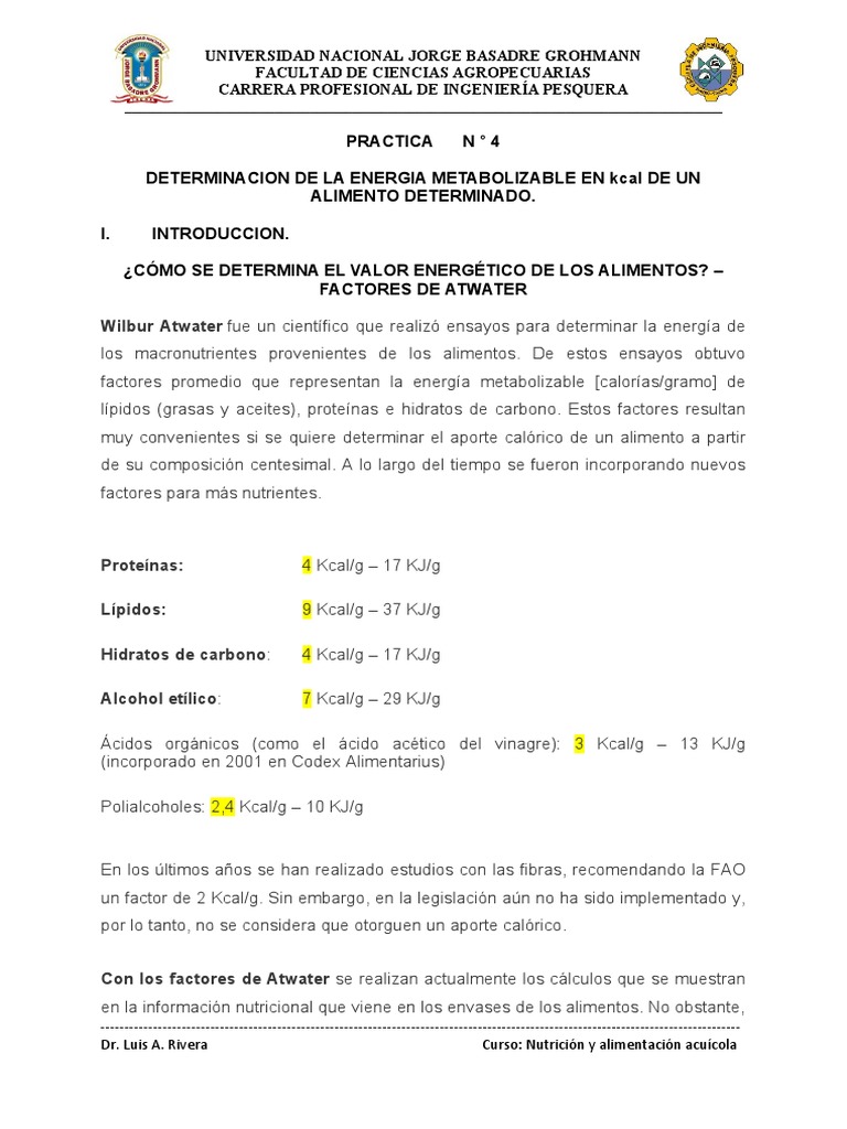 Determinacion de La Energia Metabolizable en Kcal de Un Alimento ... Determinacion de La Energia Metabolizable en Kcal de Un Alimento ...
