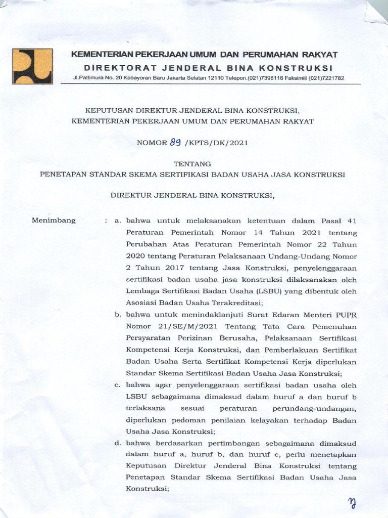 SK DIRJEN 89 Penetapan Standar Skema Sertifikasi BUJK-1 | PDF