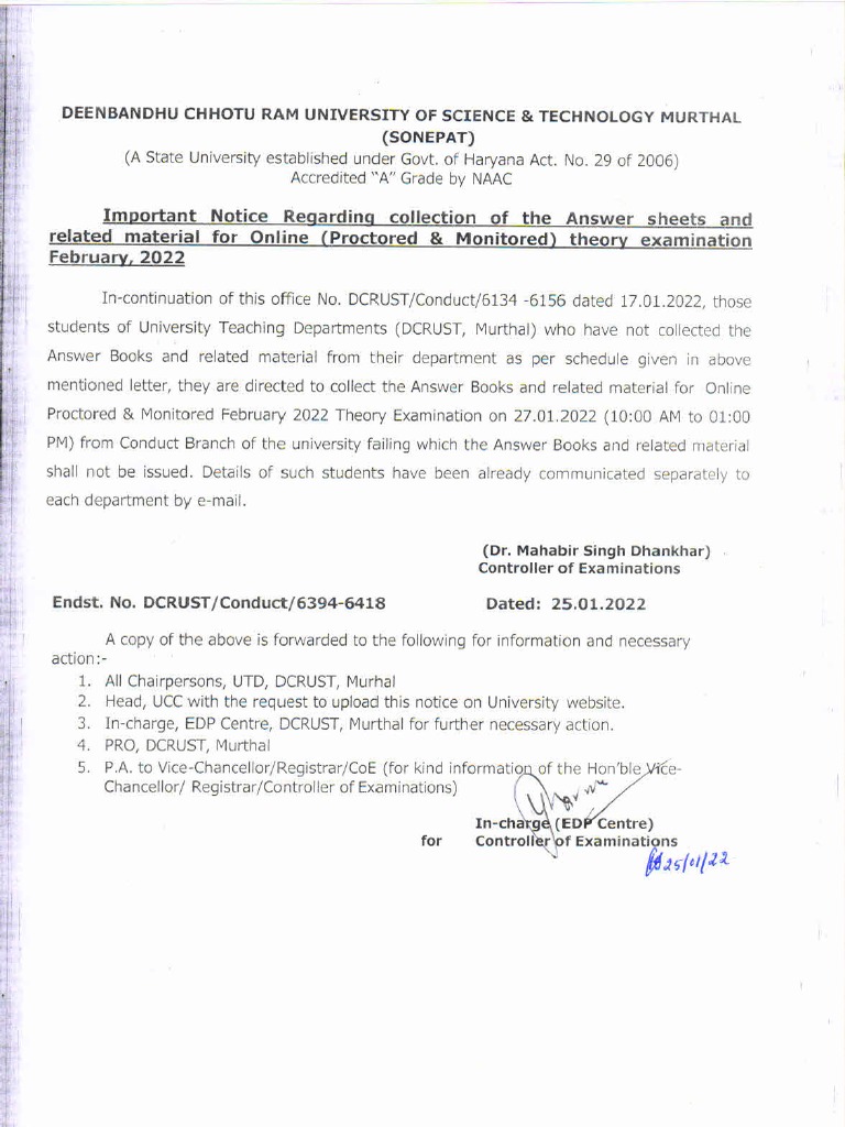 Important Notice Regarding Collection of The Answer Books In. Dcrust ...