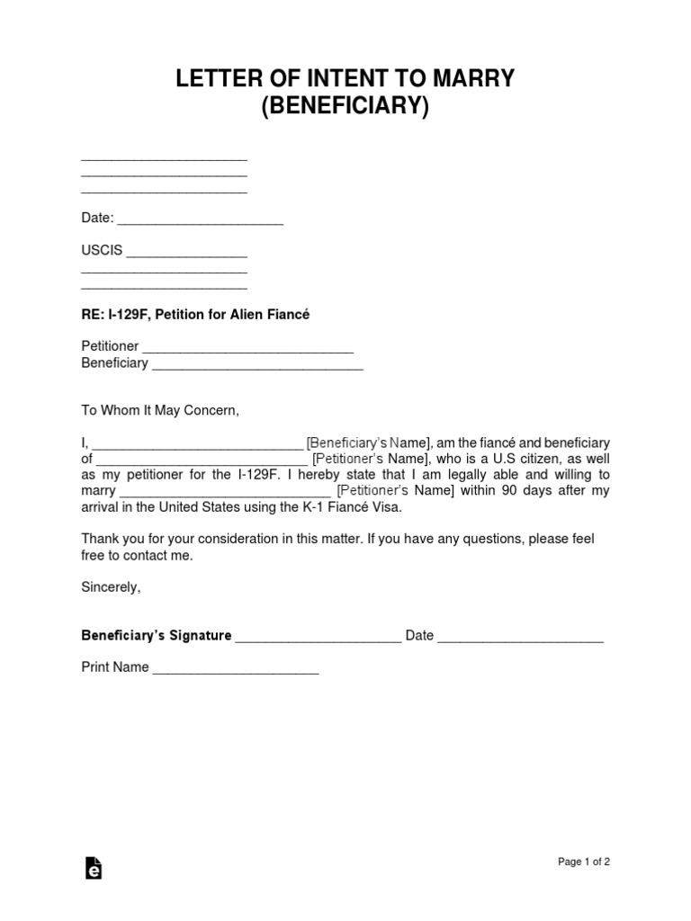 K-1 Visa Intent to Marry Letter Template | PDF