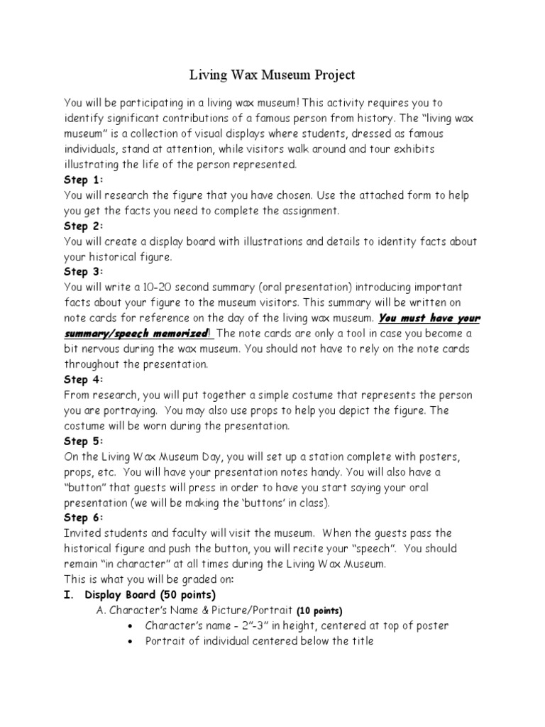Living Wax Museum Rubric | PDF | Museum | Public Speaking