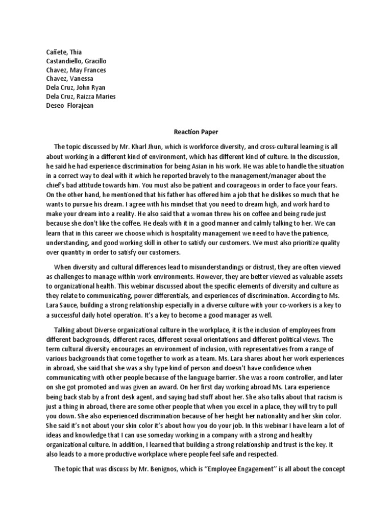 Multicultural Diversity Reaction Paper | PDF | Employment ...