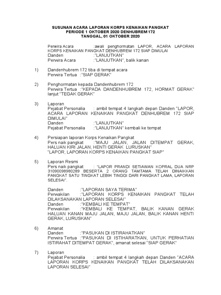 Susunan Acara Laporan Korps Kenaikan Pangkat Periode 1 10 2020 | PDF