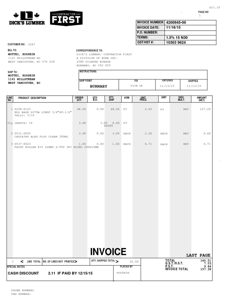 Dick's Lumber - Farideh | PDF | Invoice | Sales