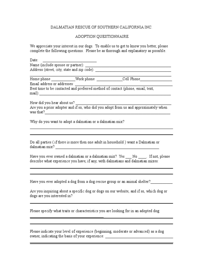 Adoption Questionnaire 2020 | PDF | Domesticated Animals | Animals And ...