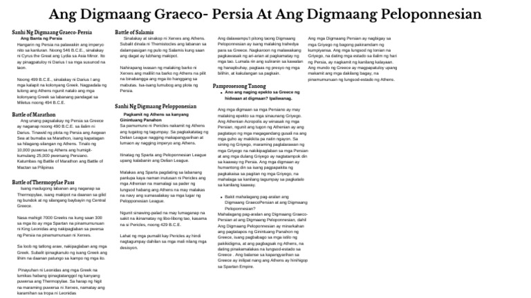Ang Digmaang Graeco - Persia at Ang Digmaang Peloponnesian - Grade 8 | PDF