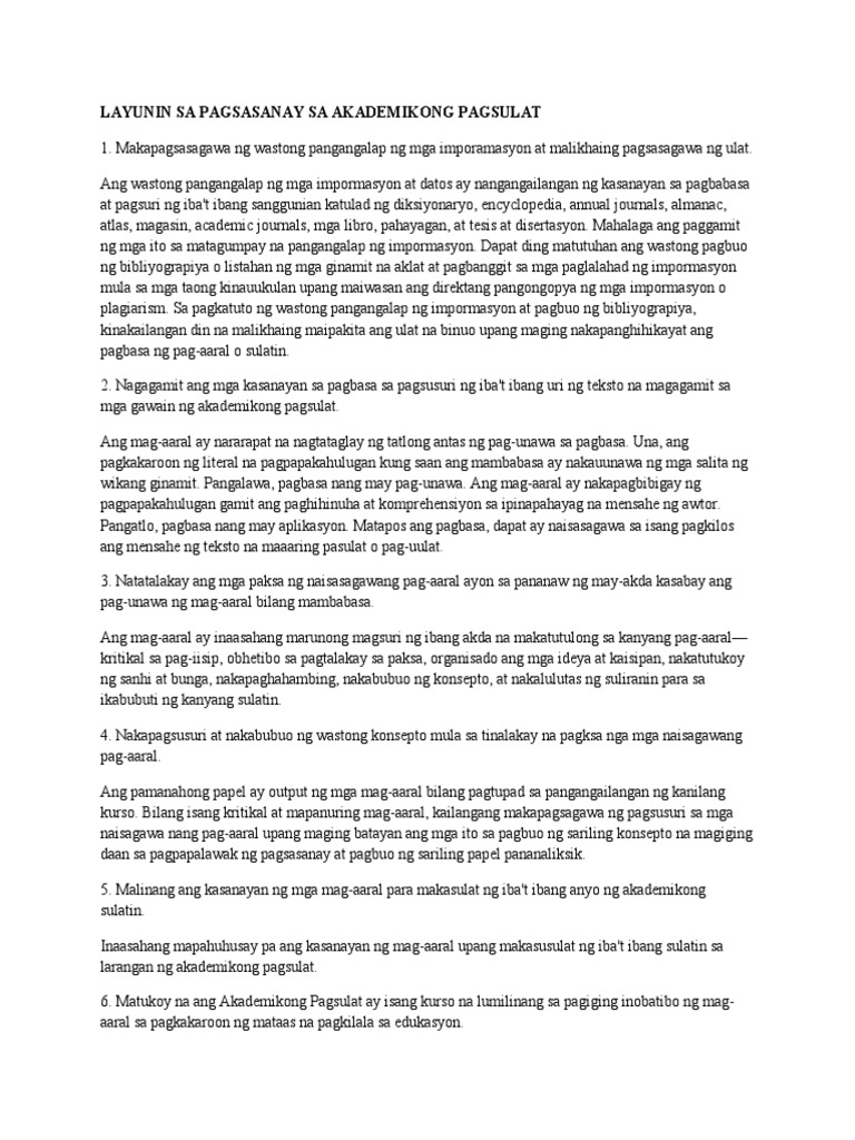 Layunin Sa Pagsasanay Sa Akademikong Pagsulat | PDF