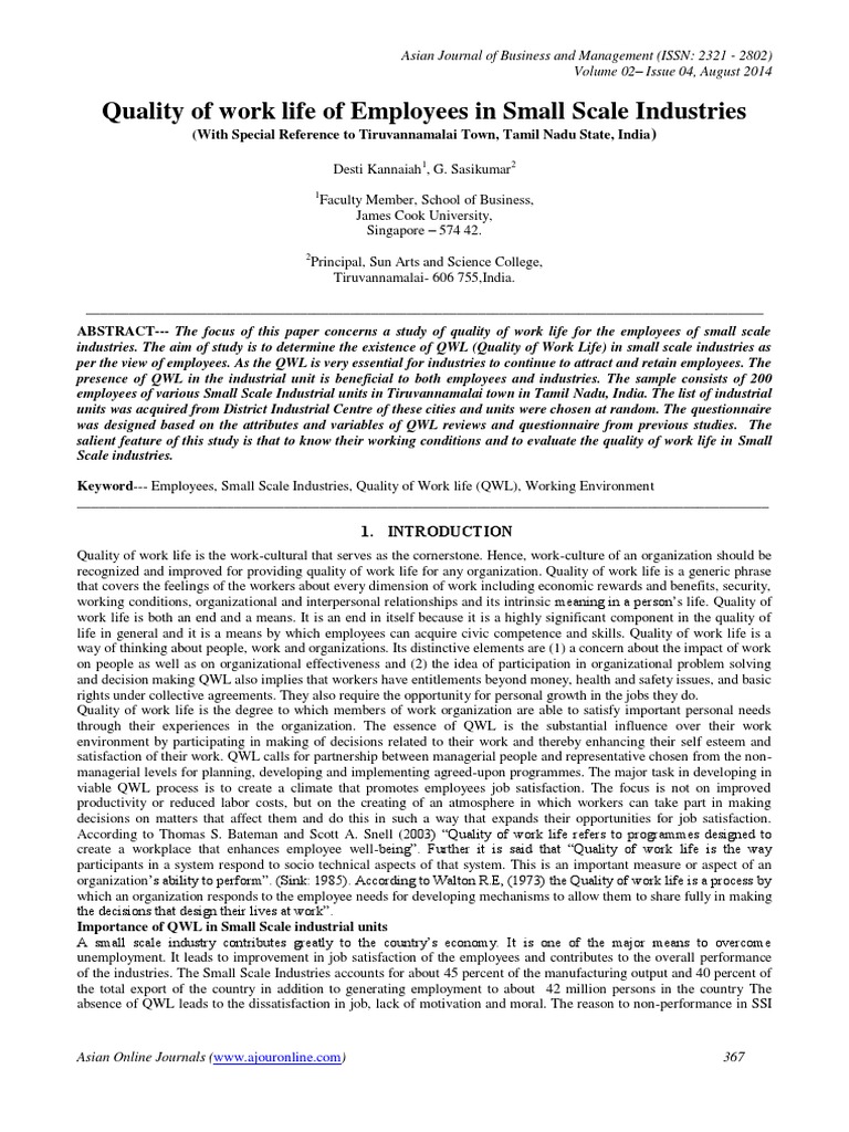 Quality of Work Life of Employees in Small Scale Industries | Download ...