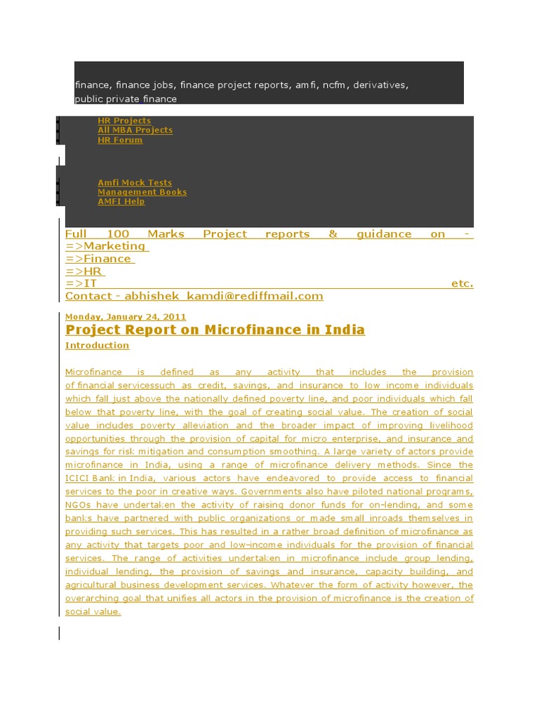 Project Report On Microfinance in India | PDF | Microfinance | Poverty ...