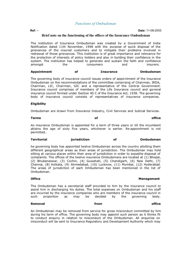 Functions of Ombudsman | PDF | Insurance | Common Law
