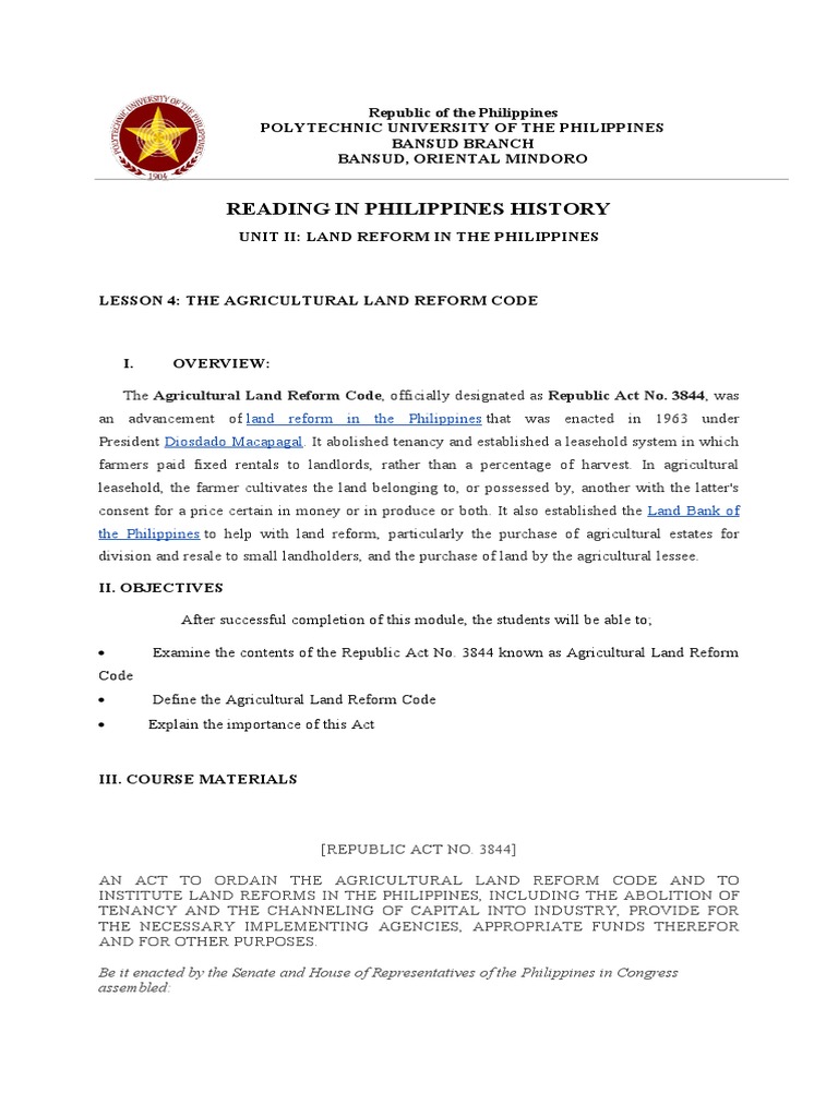 Agricultural Land Reform Code | PDF | Lease | Leasehold Estate