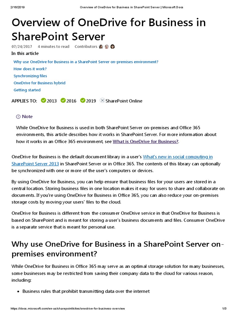 Overview of OneDrive For Business in SharePoint Server - Microsoft Docs | PDF | Share Point ...