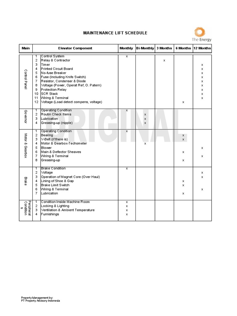 Maintenance Lift Schedule: Main Elevator Component Monthly Bi-Monthly 3 ...