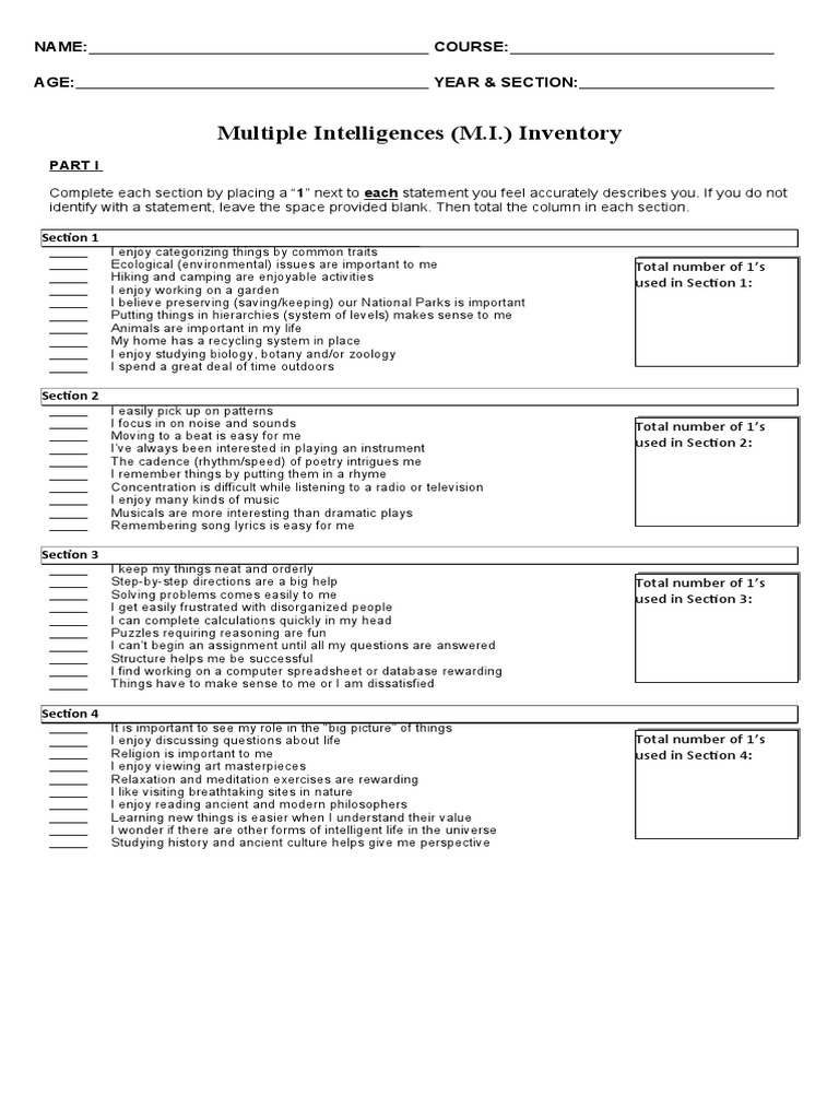 Multiple Intelligences Inventory Guide | PDF | Intelligence | Learning ...