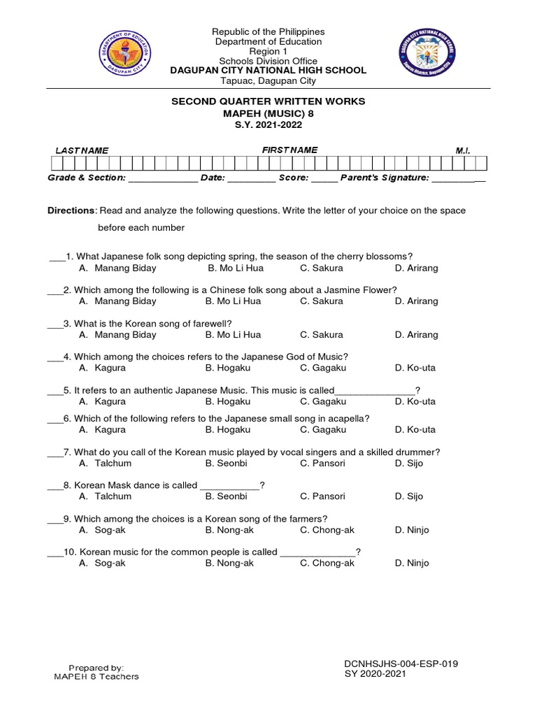 MAPEH 8 Quarter 2 Written Works Performance Tasks | PDF