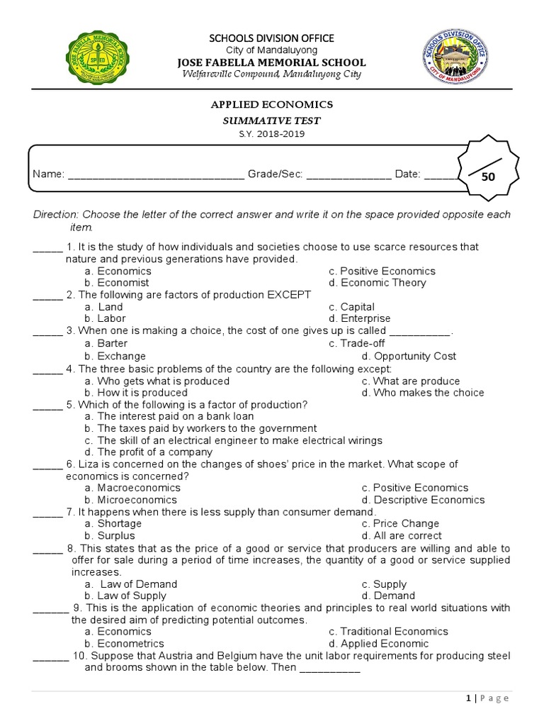 Economics Test for Students | PDF | Economics | Market Economy