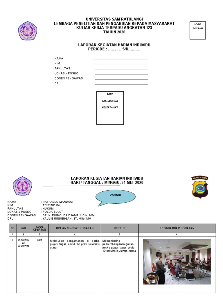 CONTOH FORMAT LAPORAN HARIAN INDIVIDU KKT 123 TAHUN 2020.pdf Versi 1 | PDF