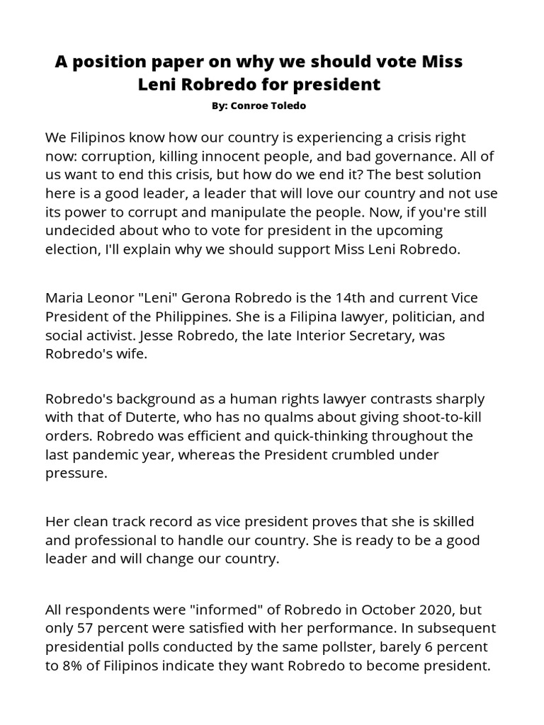 A Position Paper On Why We Should Vote Miss Leni Robredo For President ...