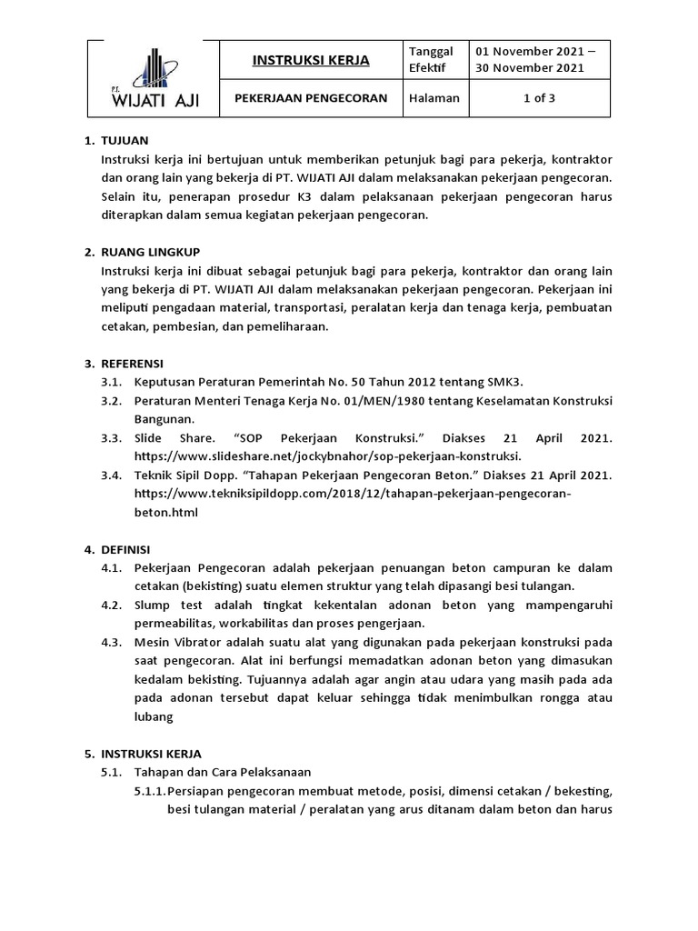 Instruksi Kerja Pengecoran | PDF