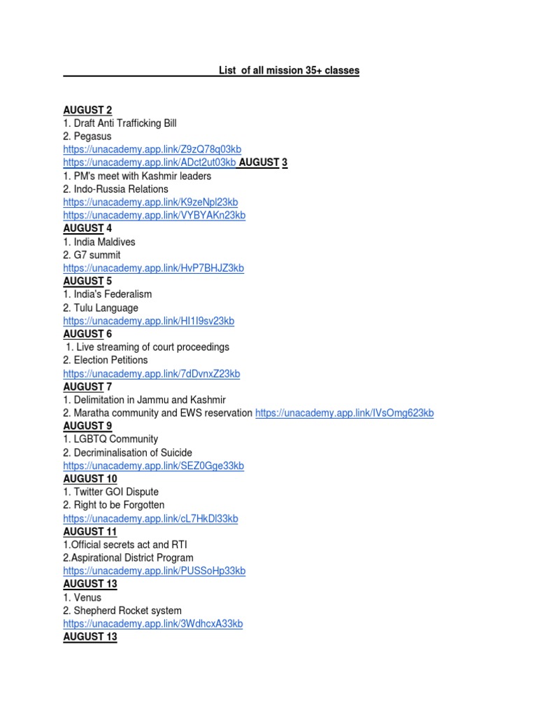 List of Mission 35+ Classes (August - November) | PDF