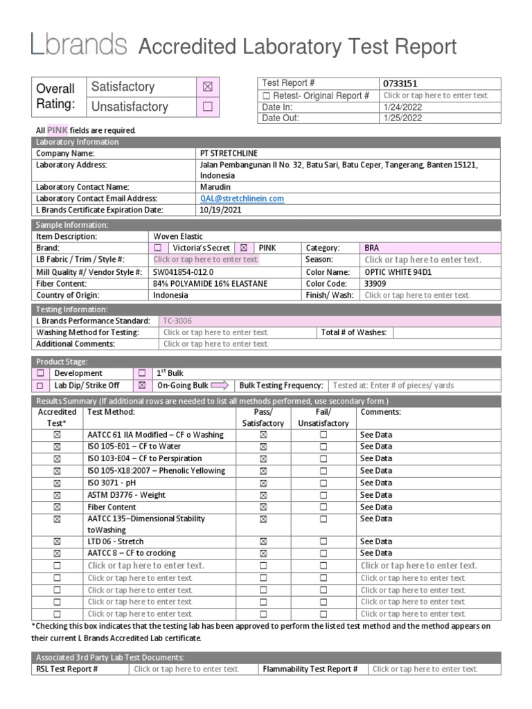 Accredited Laboratory Test Report: Satisfactory Unsatisfactory | PDF