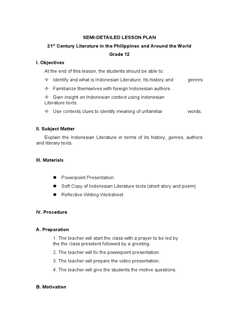 Semi-Detailed Lesson Plan 21 Century Literature in The Philippines and ...