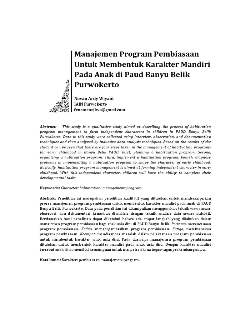 Manajemen Program Pembiasaan Bagi Anak Di PAUD Ban | PDF