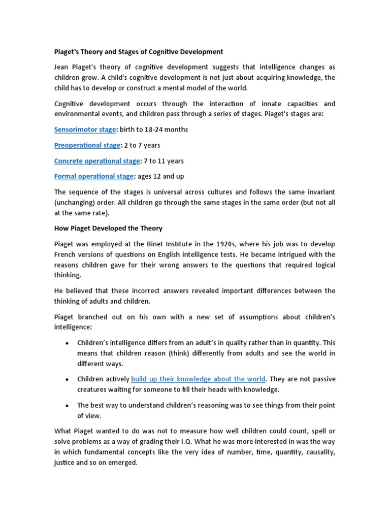 Piaget's Theory and Stages of Cognitive Development | Download Free PDF ...