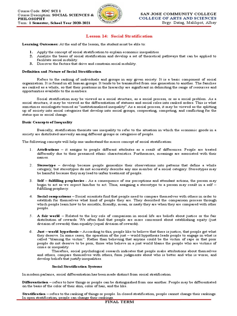 Lesson 14: Social Stratification: San Jose Community College | PDF ...